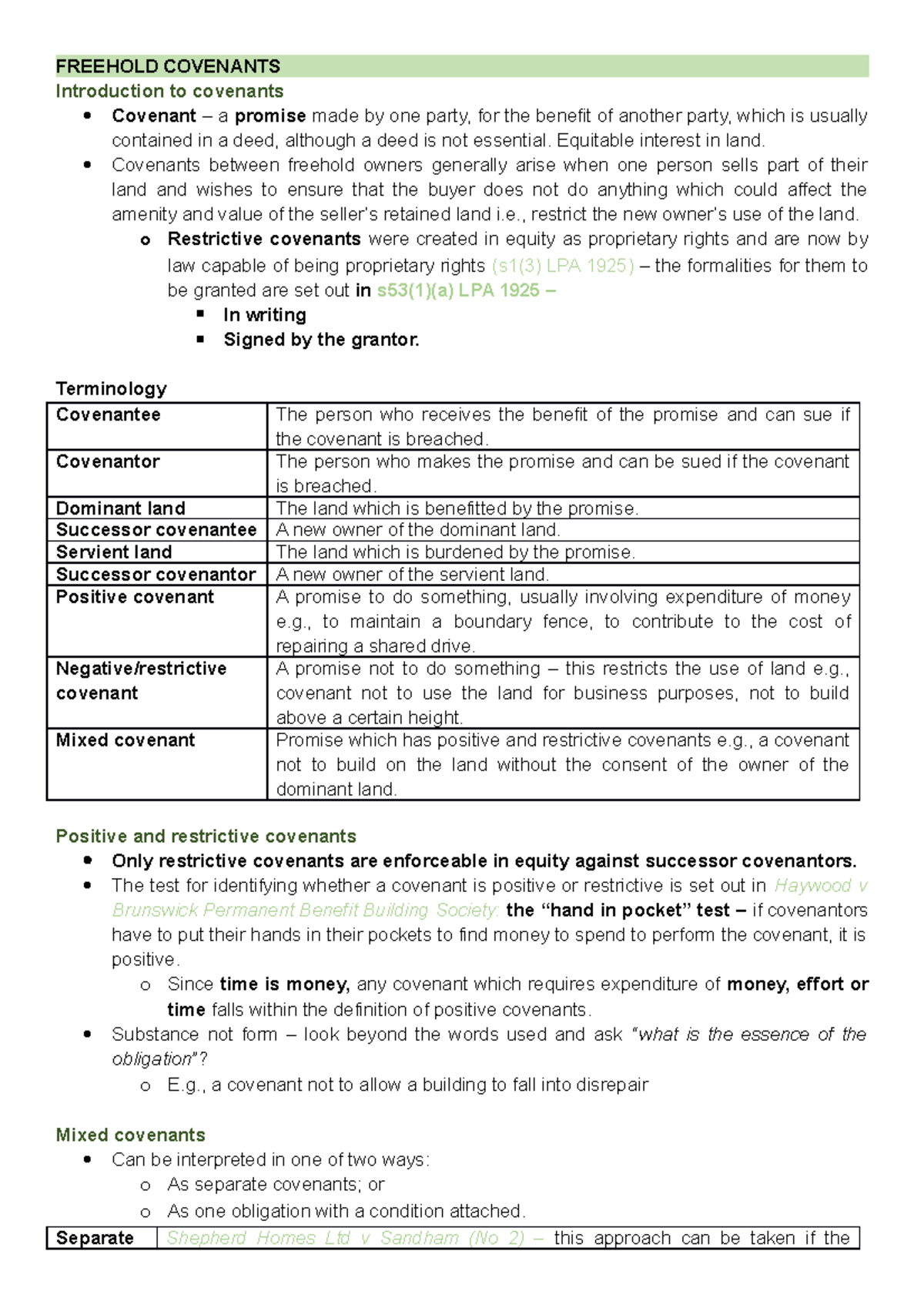 Freehold Covenants - Terminology, types of covenant, passing the ...