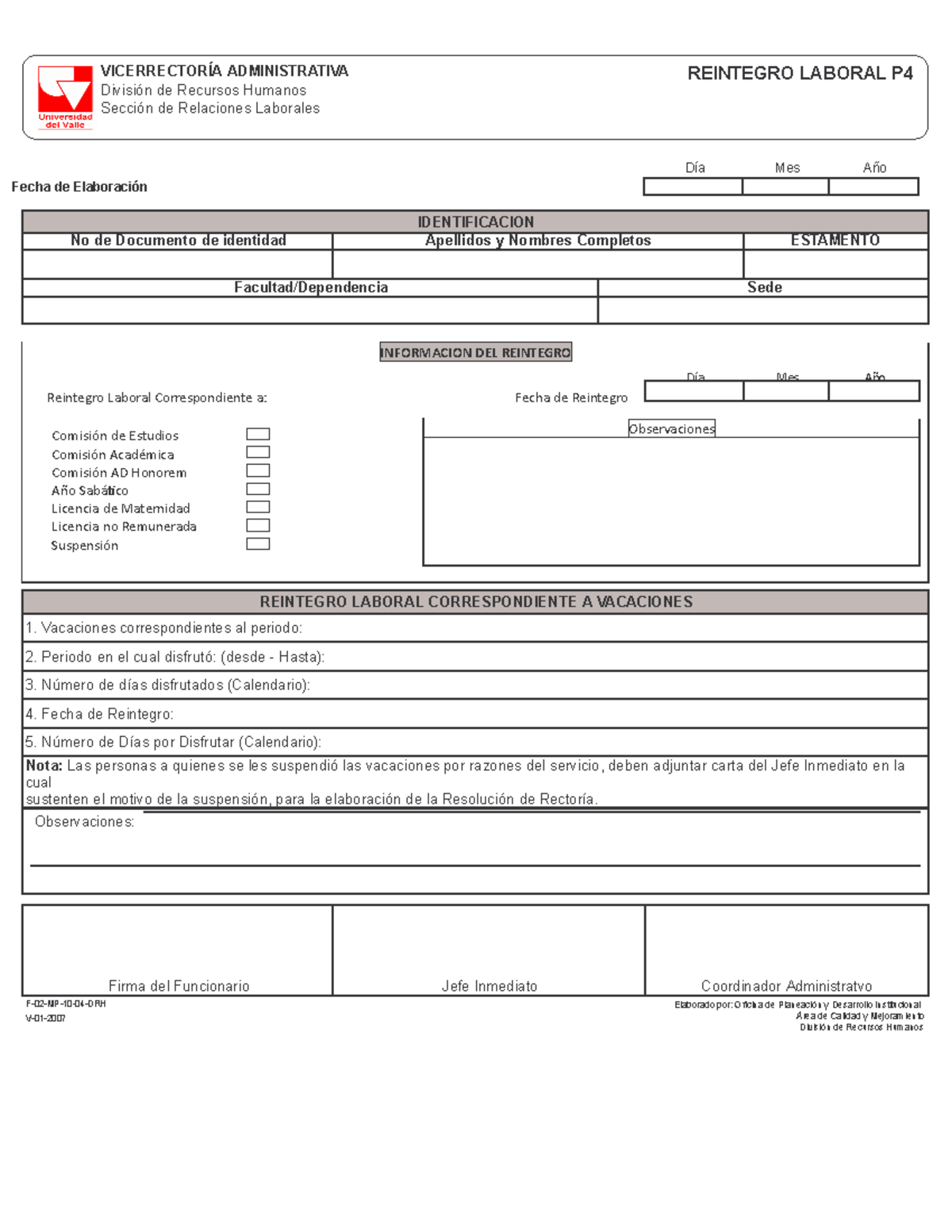 5 Reintegro Laboral P4 - Día Mes Año Reintegro Laboral Correspondiente ...