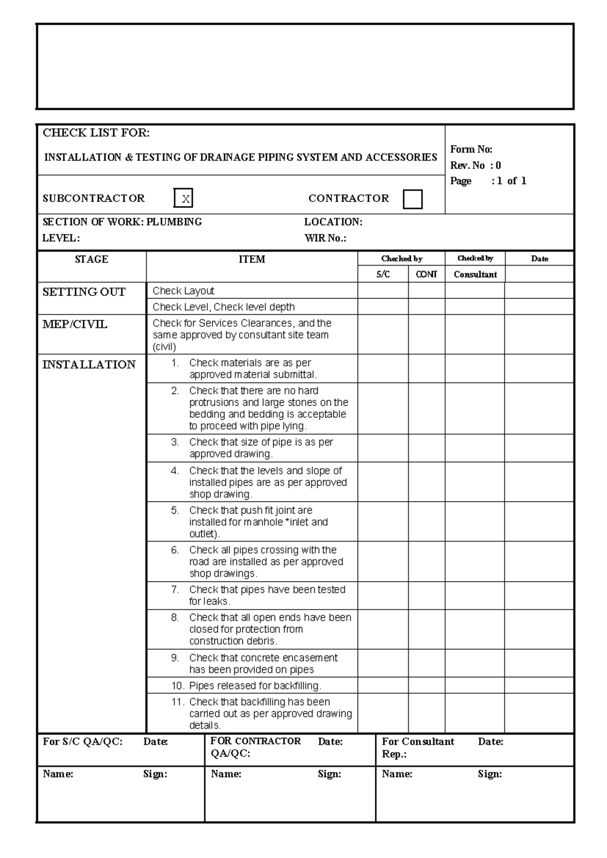 Check Sheet Installation Of Drainage Pipes - CHECK LIST FOR ...