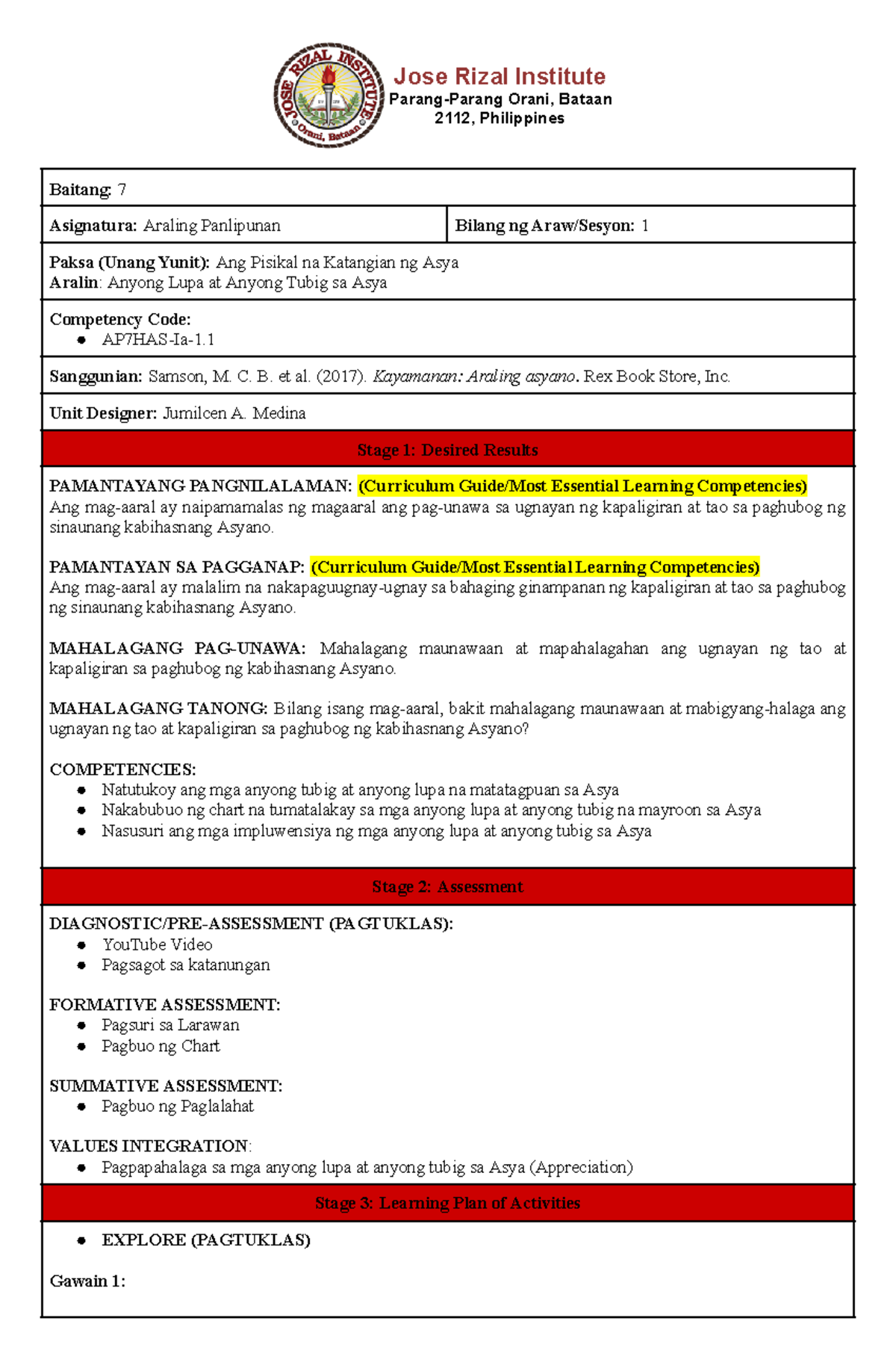 AP 7 Week 3 4 Learning Plan - Jose Rizal Institute Parang-Parang Orani ...