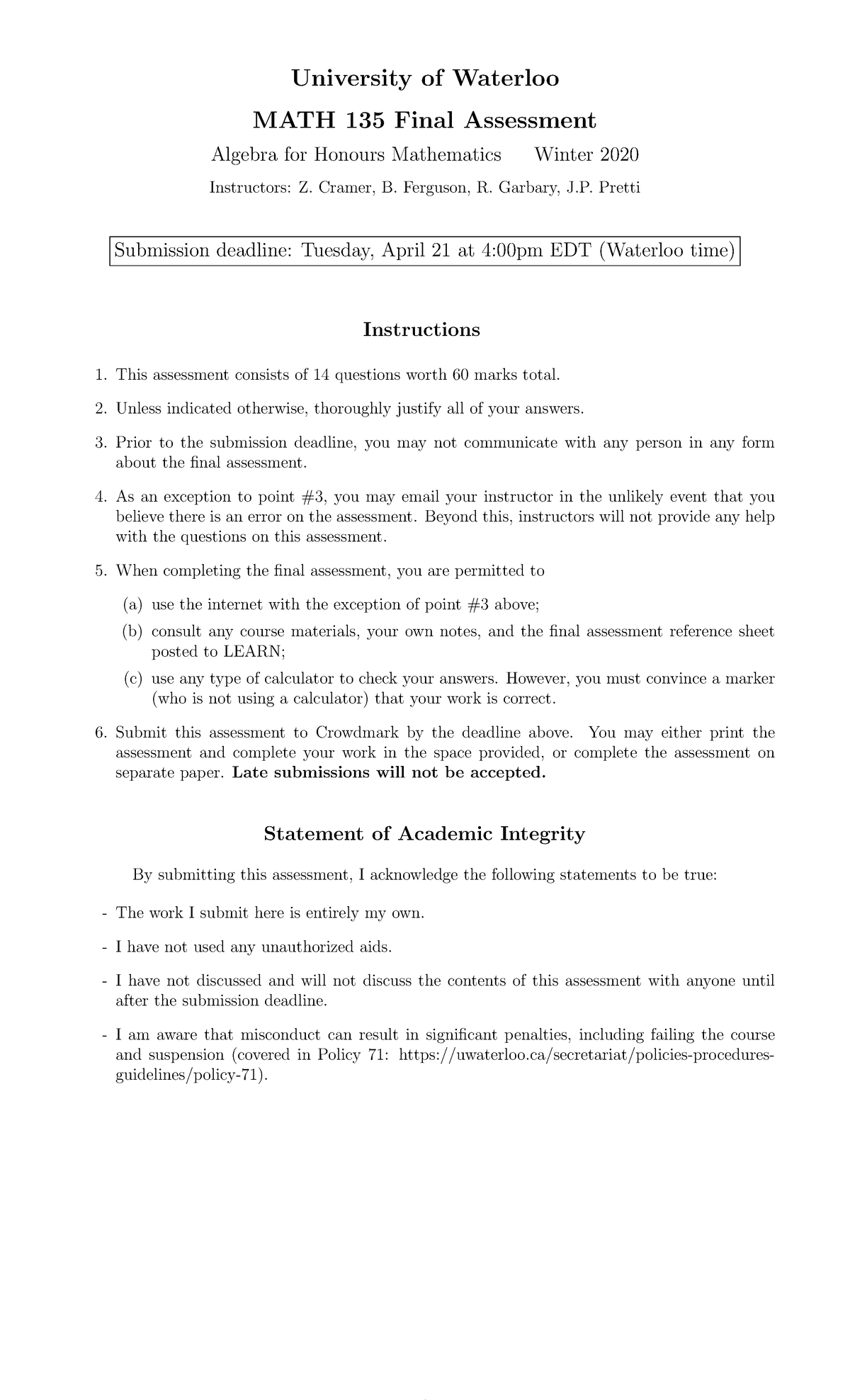 Math135-w2020-final - . University of Waterloo MATH 135 Final ...