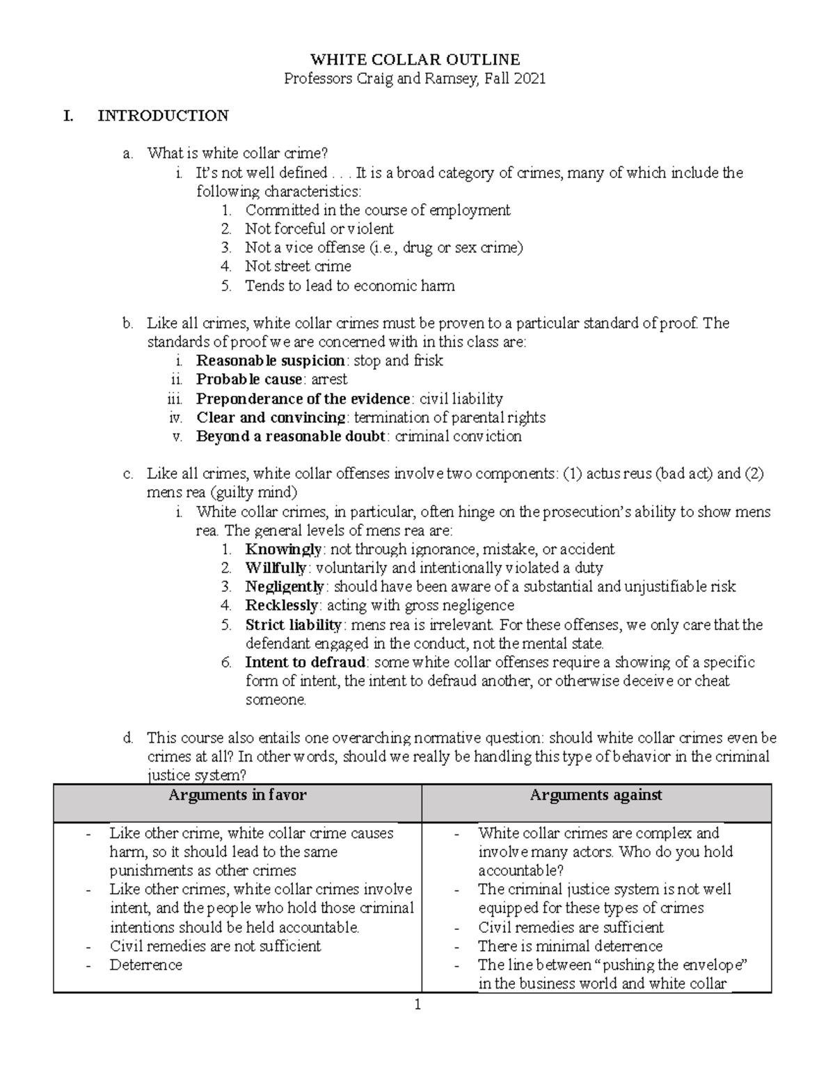 WCC Outline Fall2021 - WHITE COLLAR OUTLINE Professors Craig and Ramsey ...