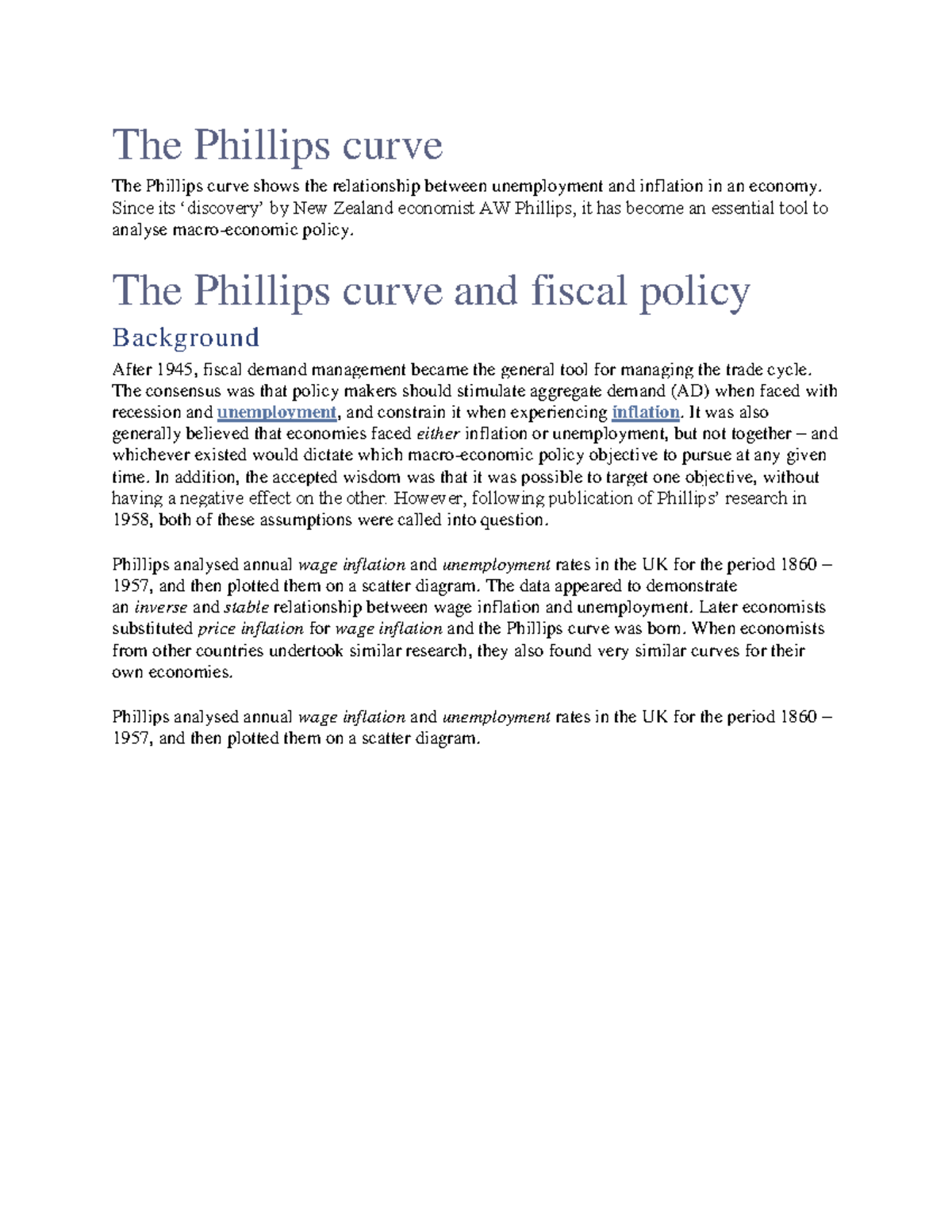 Extra reading- Phillips curve - The Phillips curve The Phillips curve ...