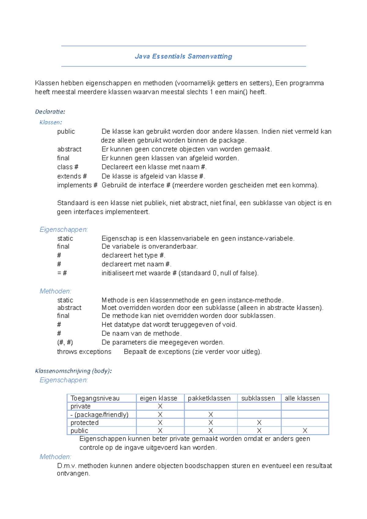 Java Essentials Samenvatting - Java Essentials Samenvatting Klassen hebben eigenschappen en ...