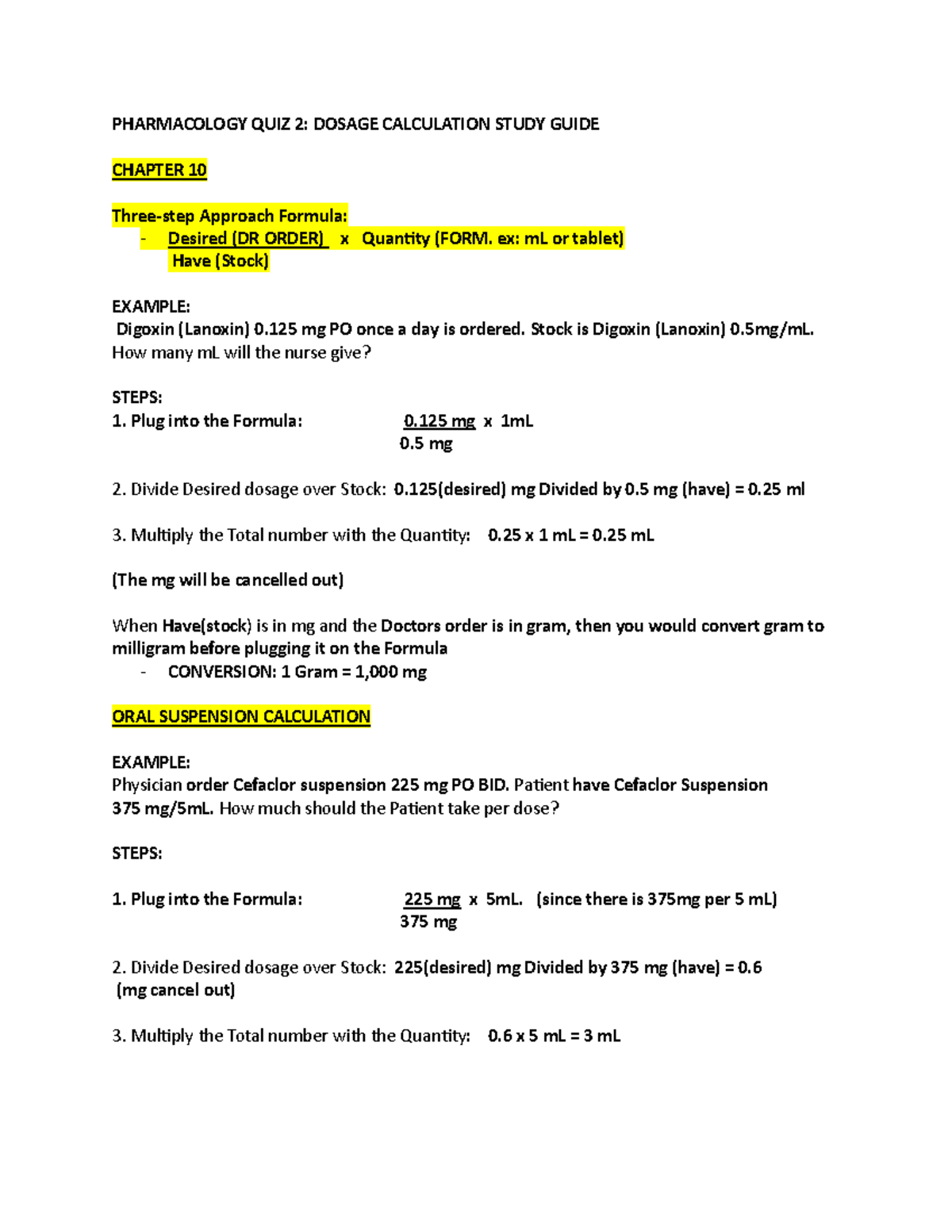 Pharmacology- Dosage calculations - PHARMACOLOGY QUIZ 2: DOSAGE ...