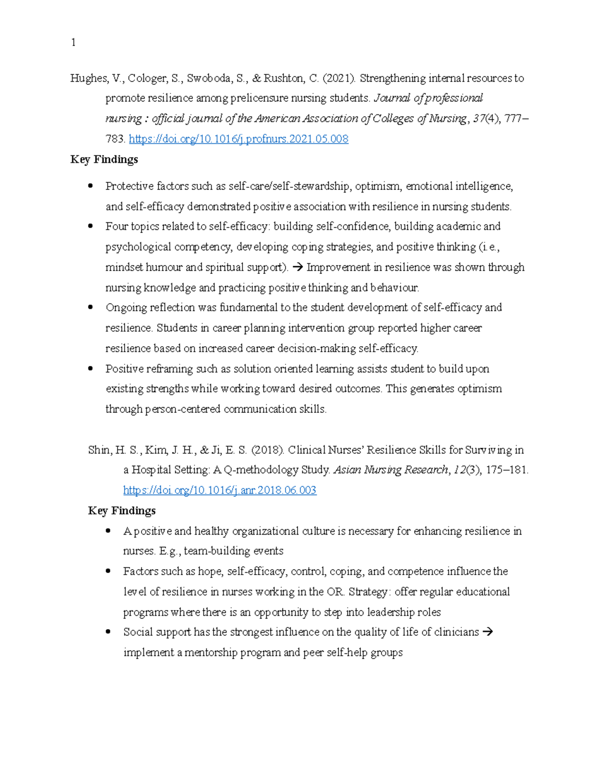 Resilience assignment - 1 Hughes, V., Cologer, S., Swoboda, S ...