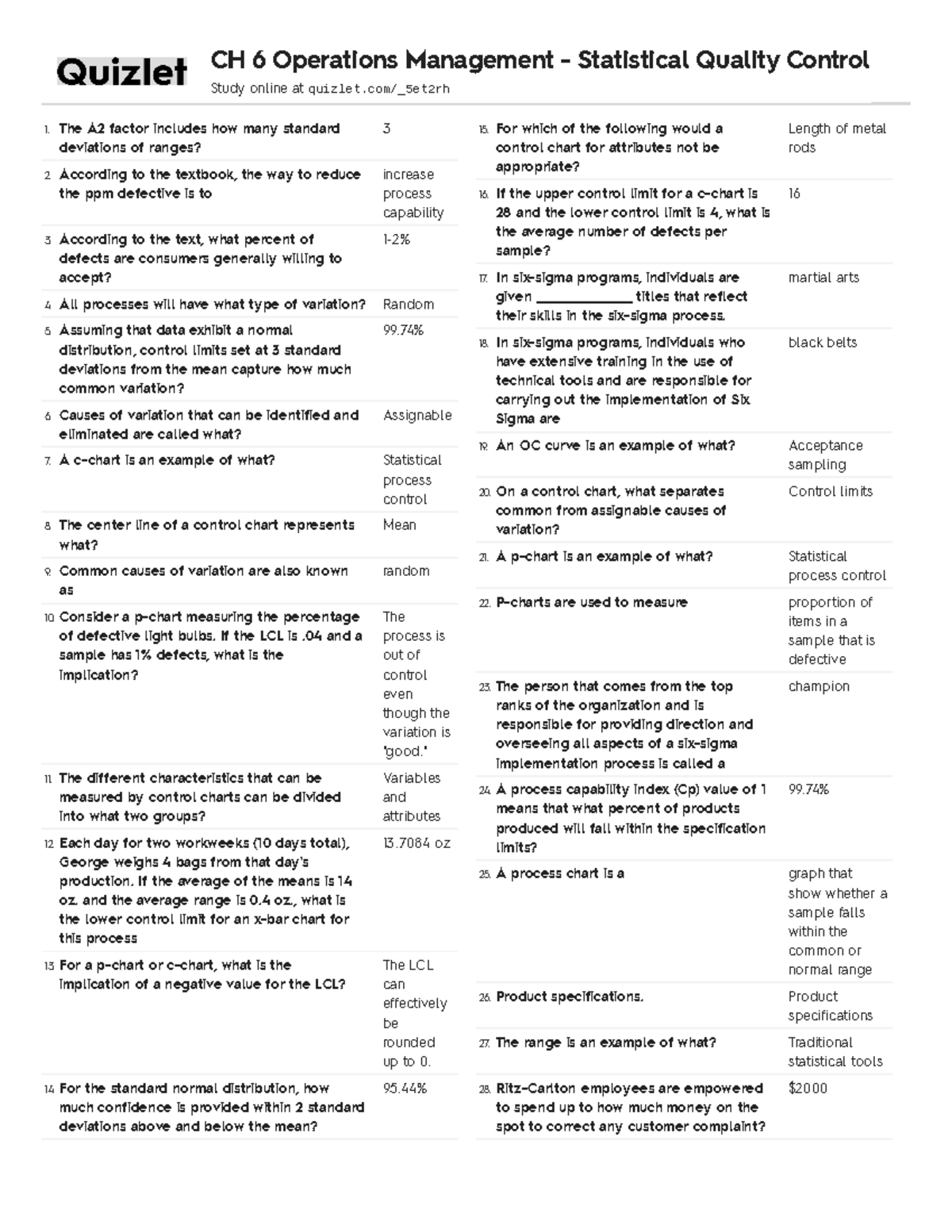 C215 Chapter 6 Statistical Quality Control - The A2 factor includes how many standard deviations ...