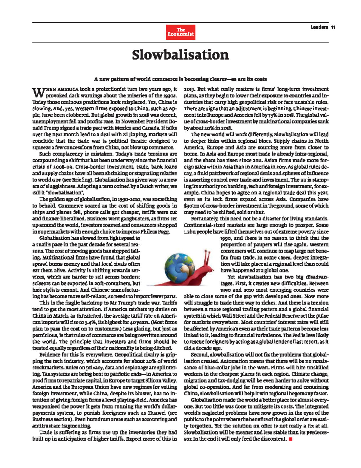Slowbalization - The Economist 2019 - Negocios Internacionales - Studocu