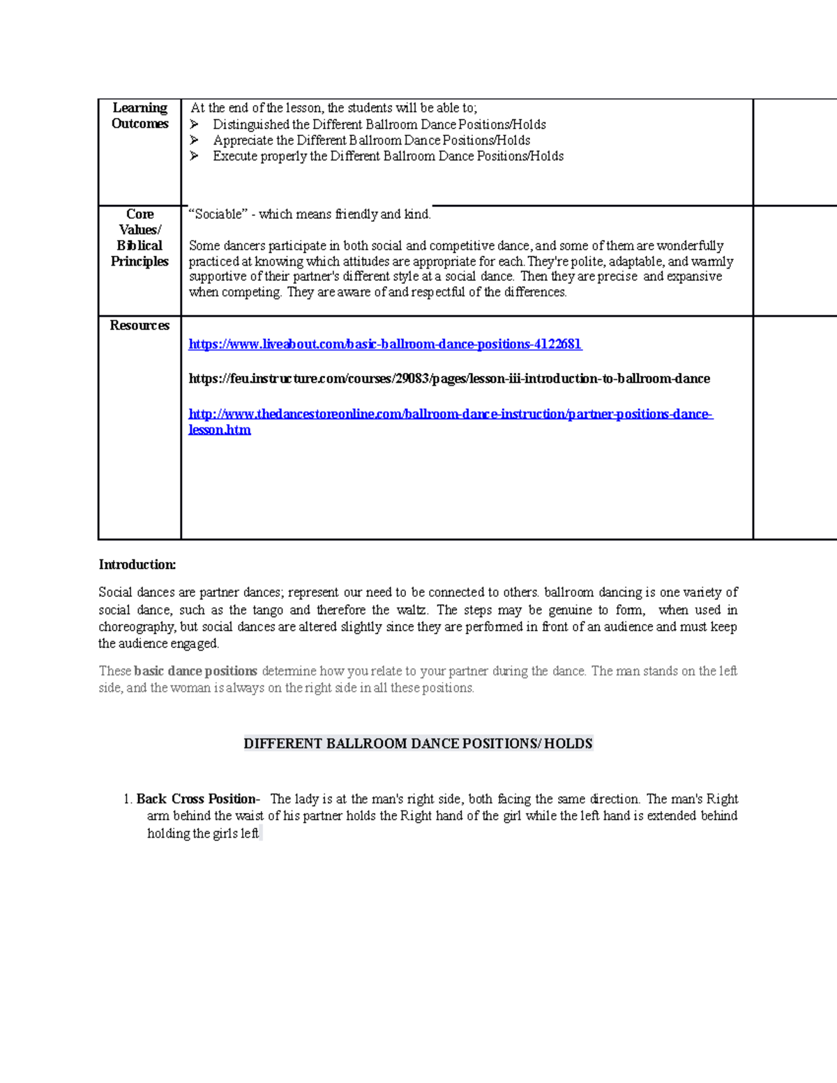 PE 2 different positions and holds in Ballroom - Learning Outcomes At ...