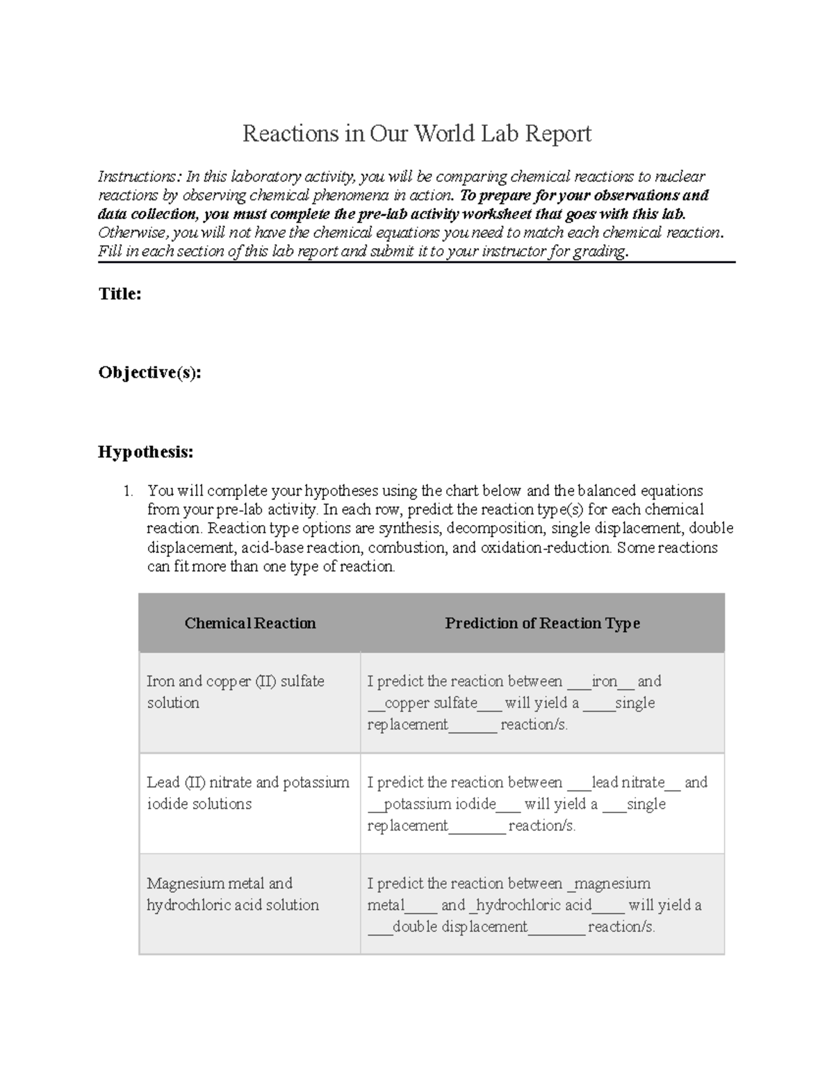 Lab report - 4.06 - Reactions in Our World Lab Report Instructions: In ...