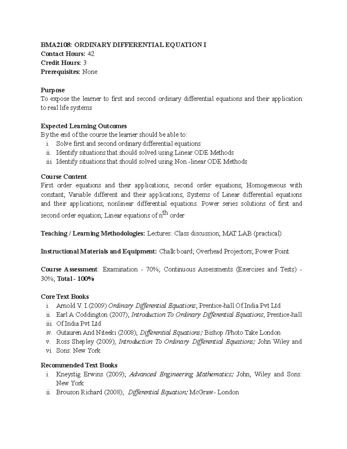 BMA2108 ODE I course outline - BMA2108: ORDINARY DIFFERENTIAL EQUATION ...