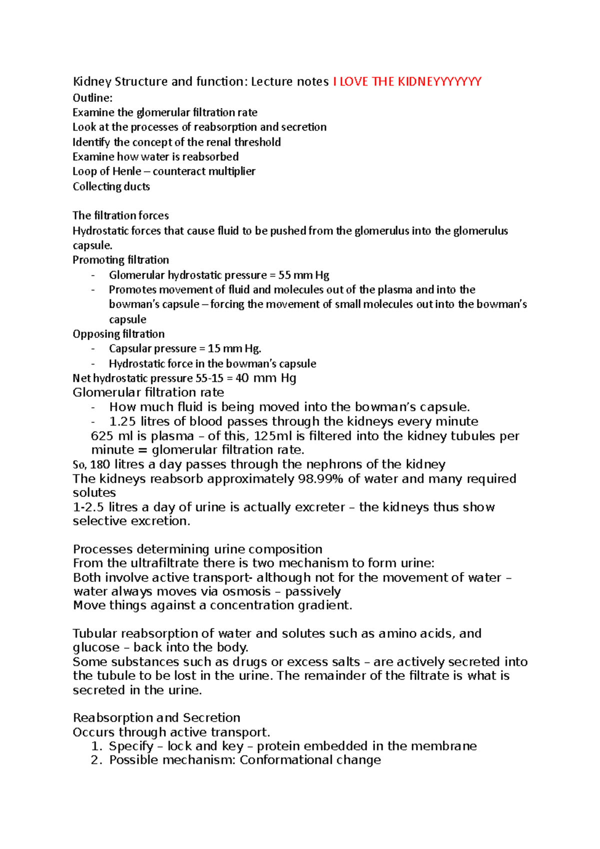 Lecture notes; module 2 - Kidney Structure and function: Lecture notes ...
