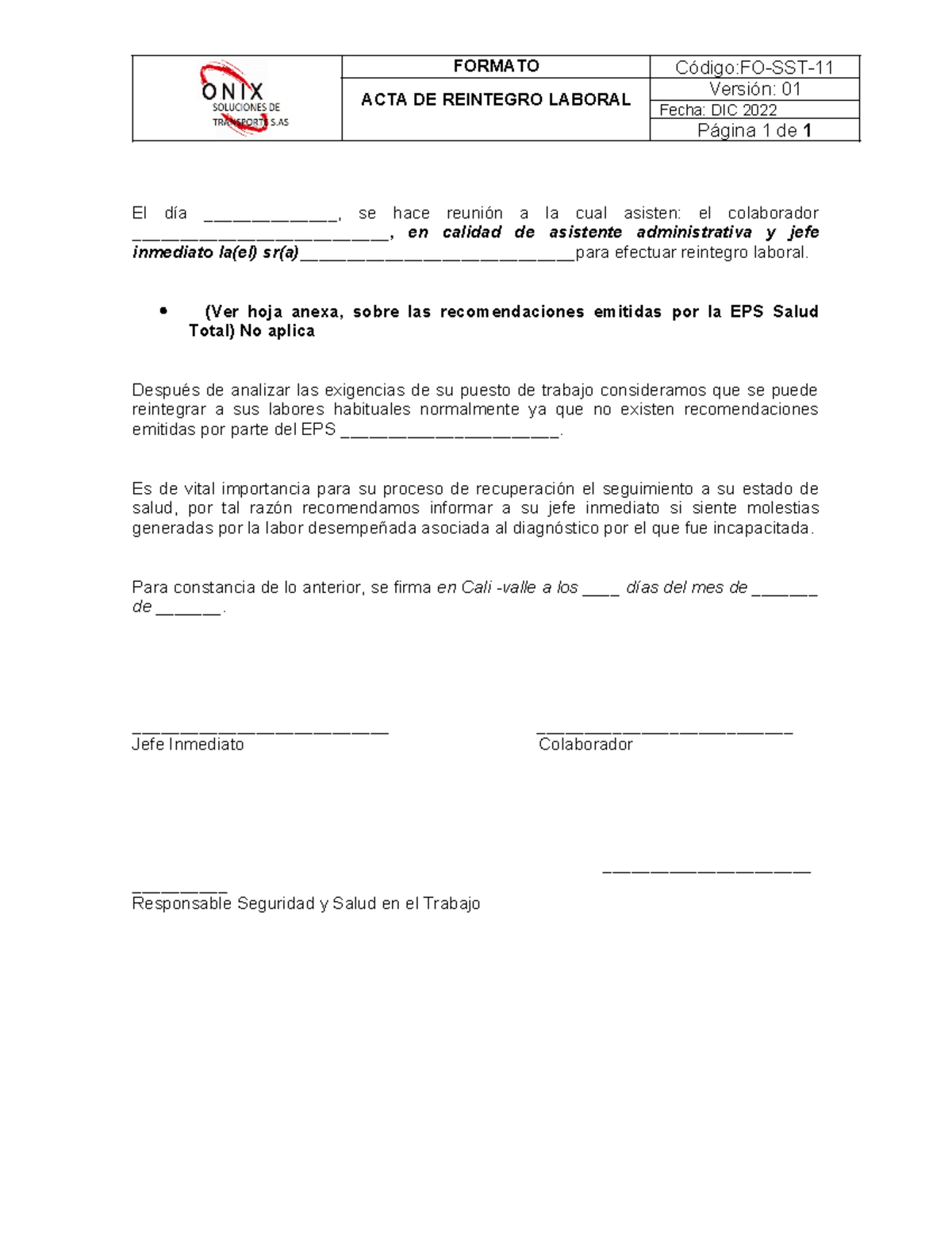 Formato DE ACTA Reintegro Laboral ok - FORMATO Código:FO-SST- ACTA DE REINTEGRO LABORAL Versión ...