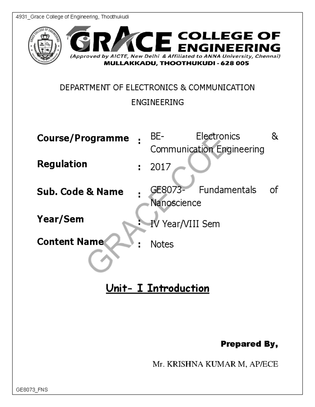 VIII ECE GE8073 FNS UNIT 1 - DEPARTMENT OF ELECTRONICS & COMMUNICATION ...
