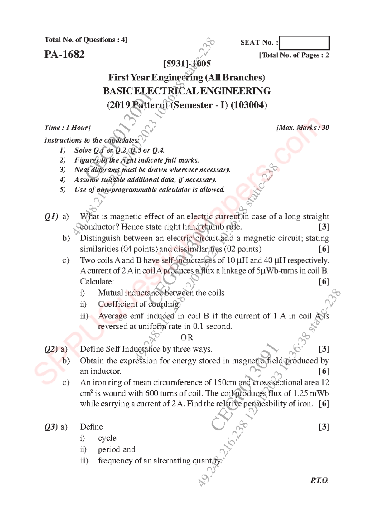 BEE PYQ 3 - Total No. of Questions : 4] [5931]- First Year Engineering ...