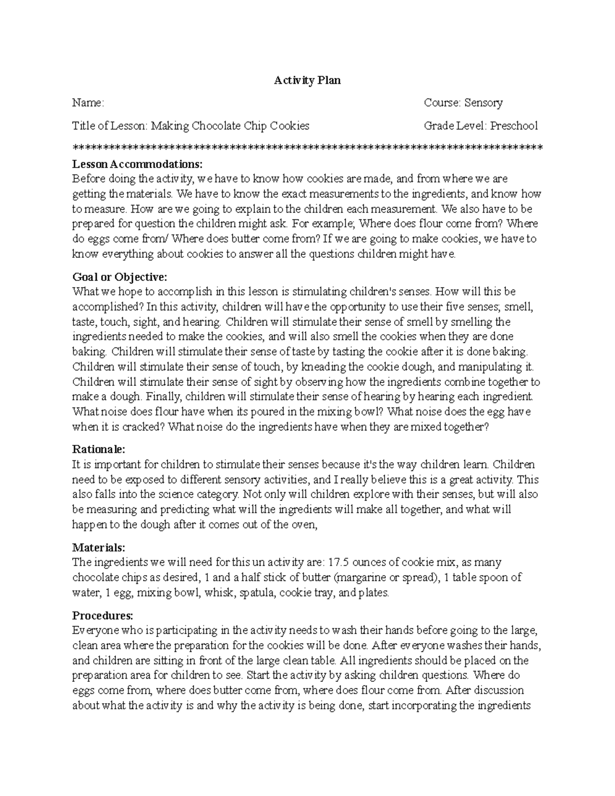 ECE-106 Activity Plan - Activity Plan Name: Course: Sensory Title of ...
