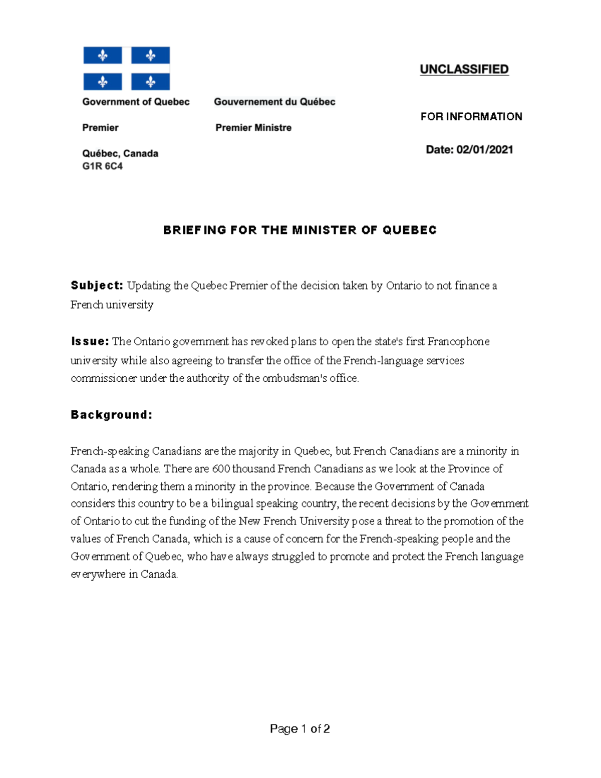 Briefing note #1 ECON318 - FOR INFORMATION BRIEFING FOR THE MINISTER OF ...