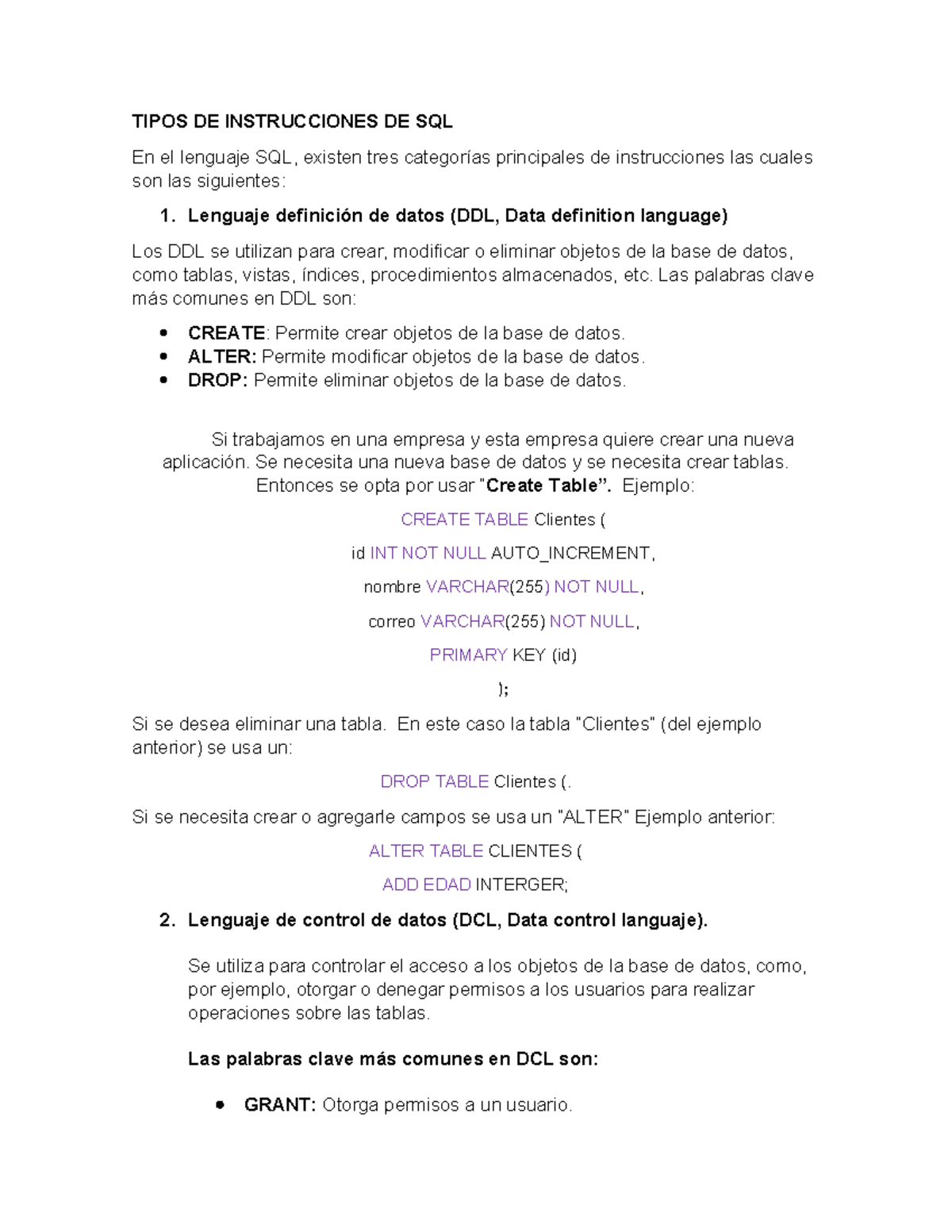 Parte DE Intrucciones Y Operadores - TIPOS DE INSTRUCCIONES DE SQL En ...