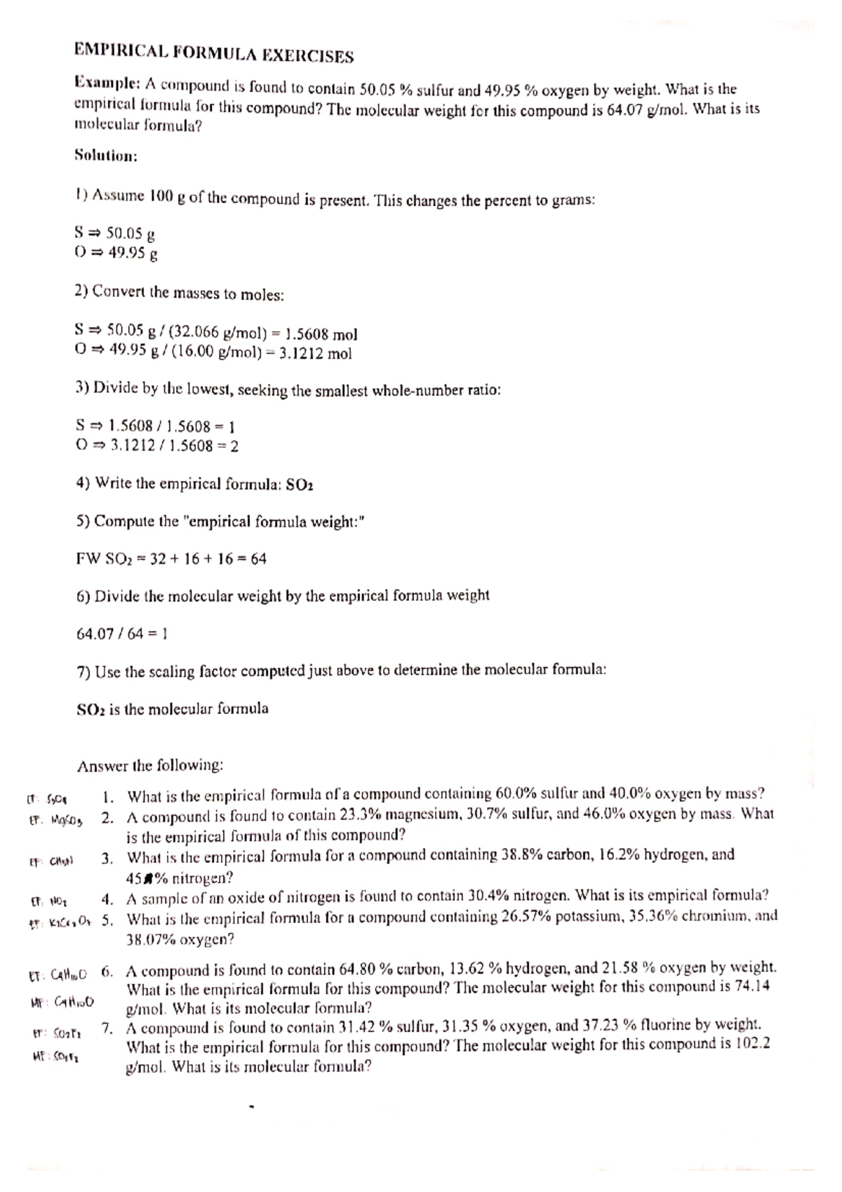 Chemistry Empirical Formula Exercises - Analytical Chemistry - Studocu