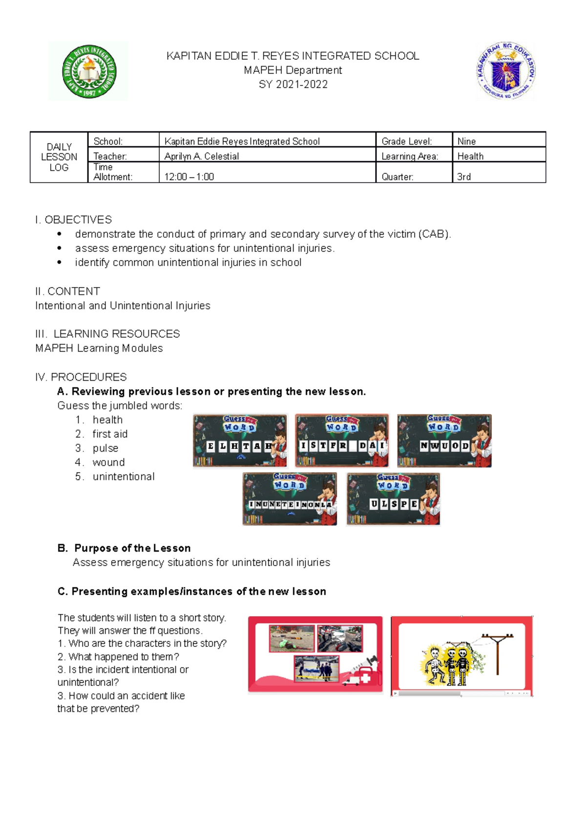 G9 Lesson PLAN FOR RPMS - KAPITAN EDDIE T. REYES INTEGRATED SCHOOL ...
