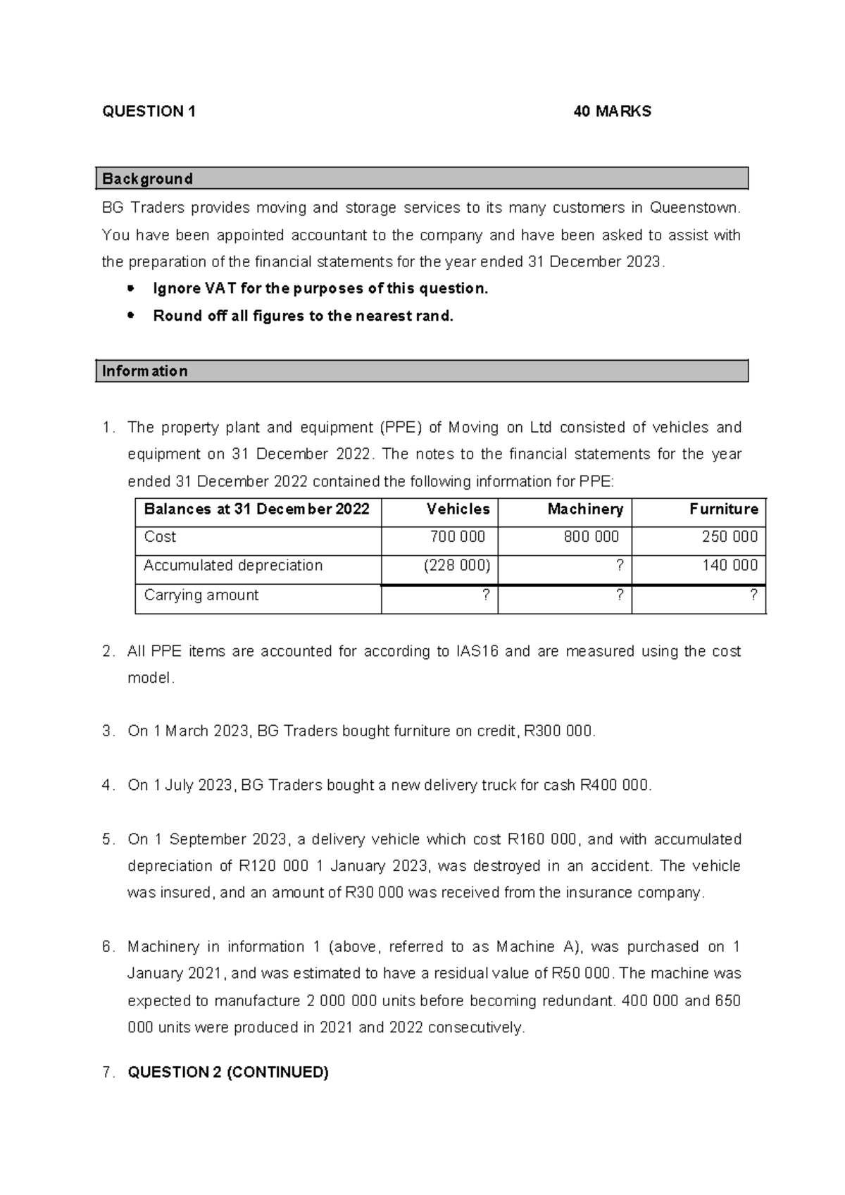 Tut 2 question - Tutorial on PPE - QUESTION 1 40 MARKS Background BG Traders provides moving and ...