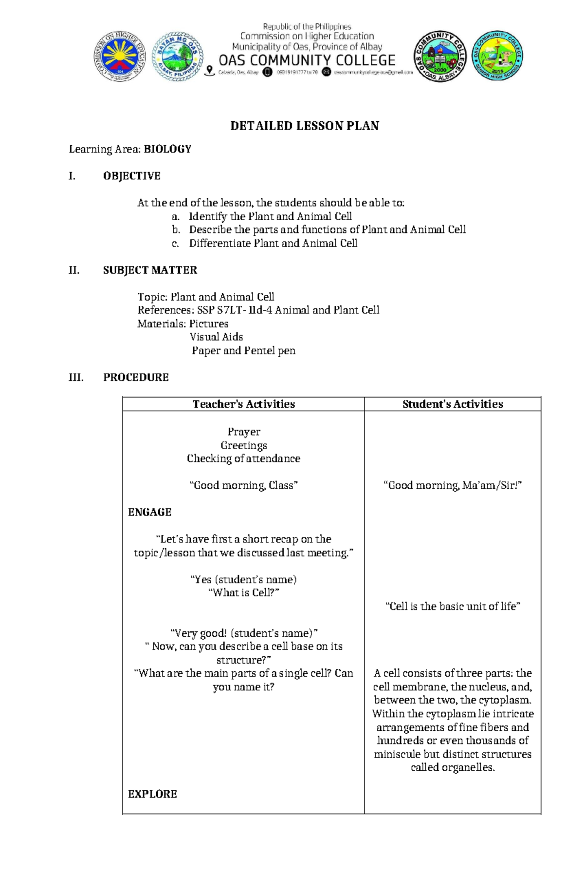 DLP Plantanimalcell 1 - DETAILED LESSON PLAN Learning Area: BIOLOGY I ...