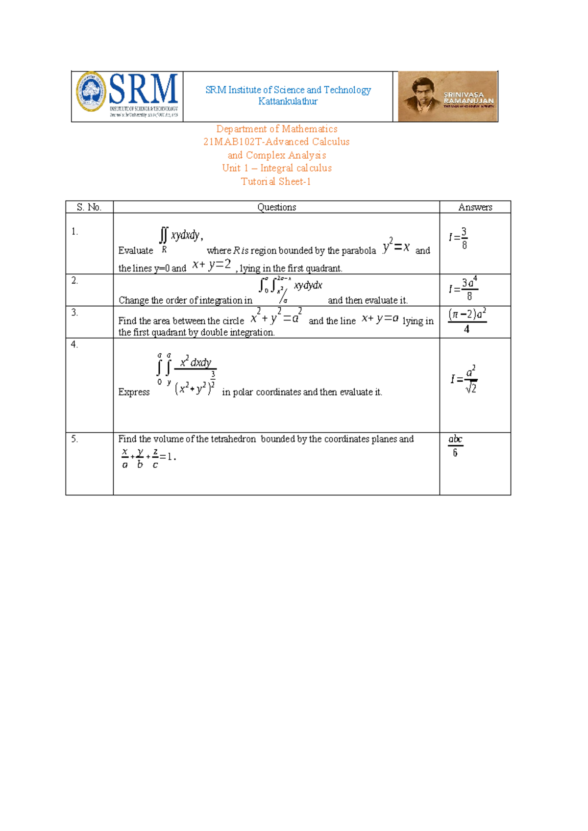 21MAB102T tutorial sheet-1 - SRM Institute of Science and Technology ...