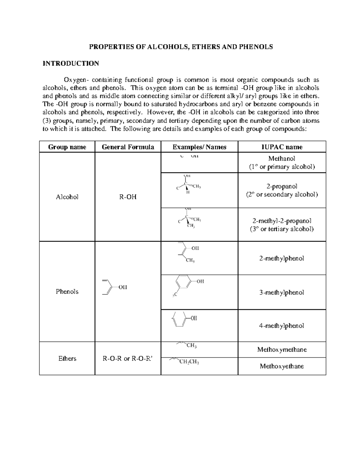 Properties of Alcohols, Ethers and Phenols - Chemistry - WMSU - Studocu