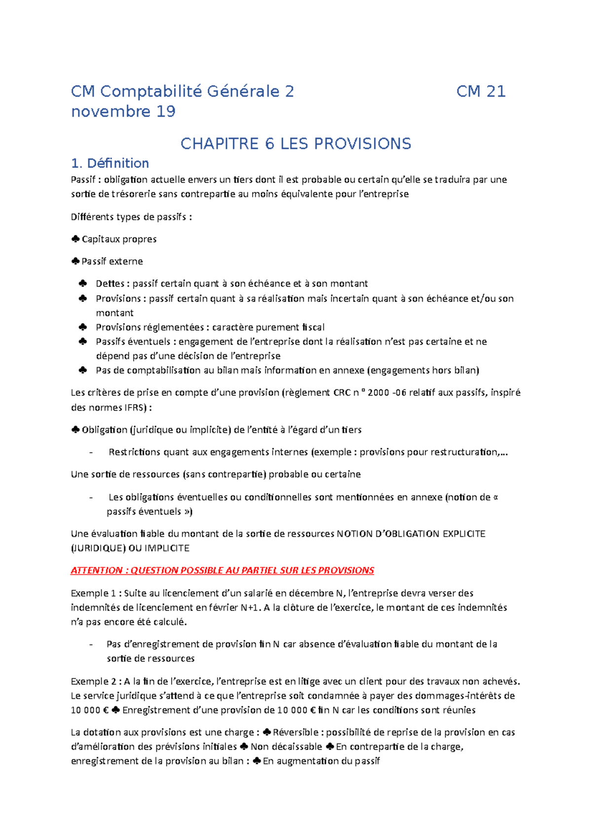 CM 21 Novembre 2019 - CM Comptabilité Générale 2 CM 21 novembre 19 CHAPITRE 6 LES PROVISIONS 1 ...