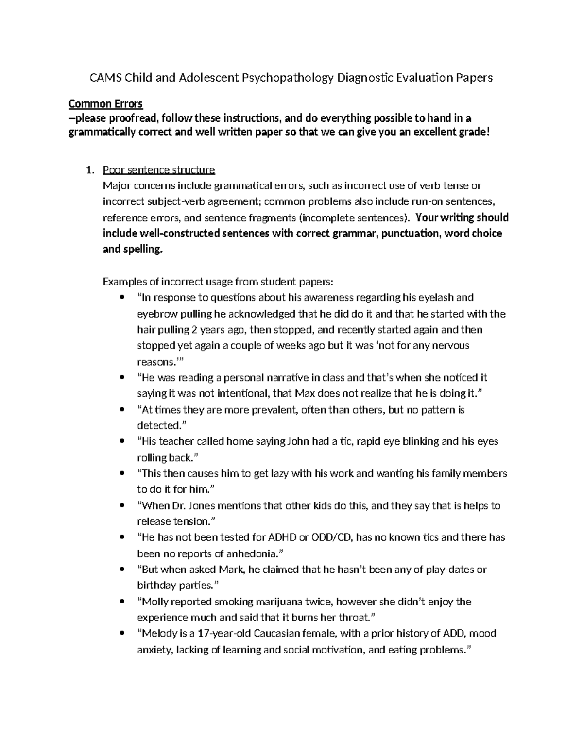 CAP Reports Common Errors - CAMS Child and Adolescent Psychopathology ...