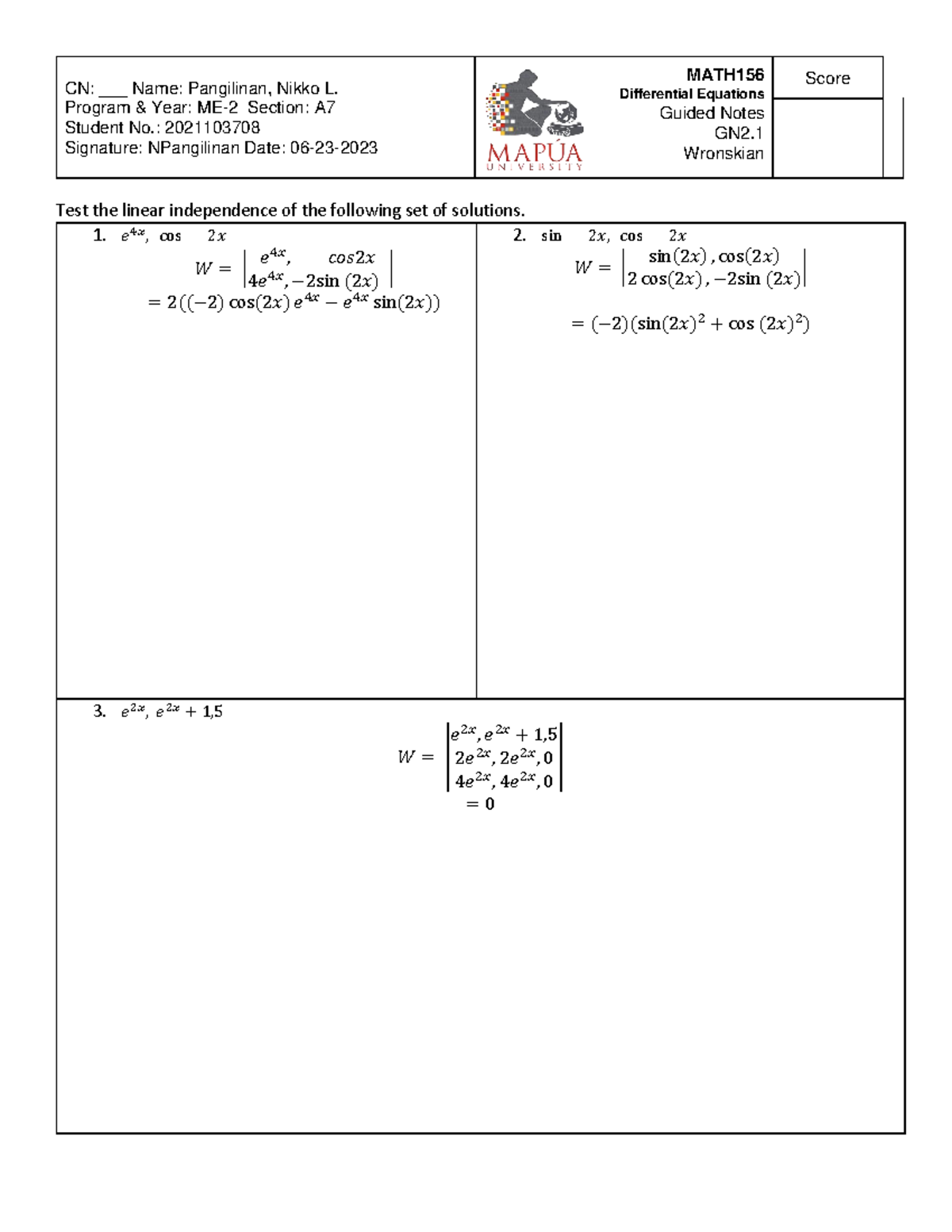 M2GN1 Wronskian - CN: ___ Name: Pangilinan, Nikko L. Program & Year: ME ...