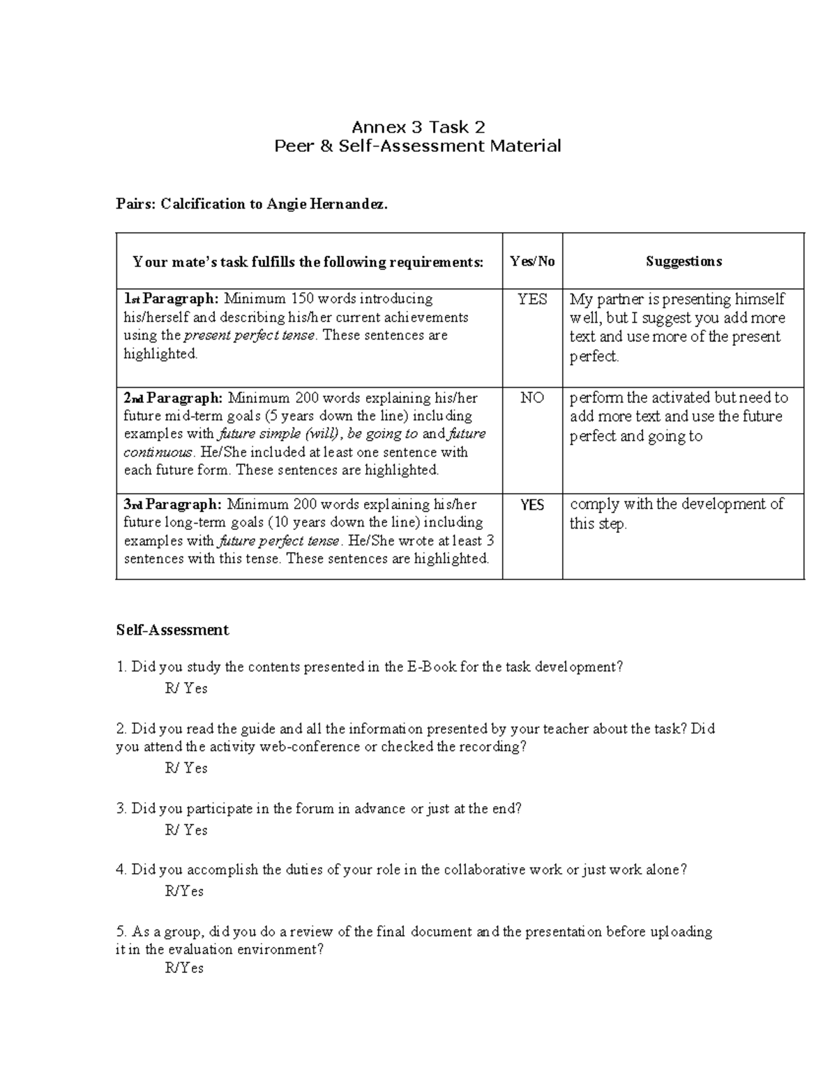 Anenex 3 Miguel 2 - n/a - Annex 3 Task 2 Peer & Self-Assessment Material Pairs: Calcification to ...