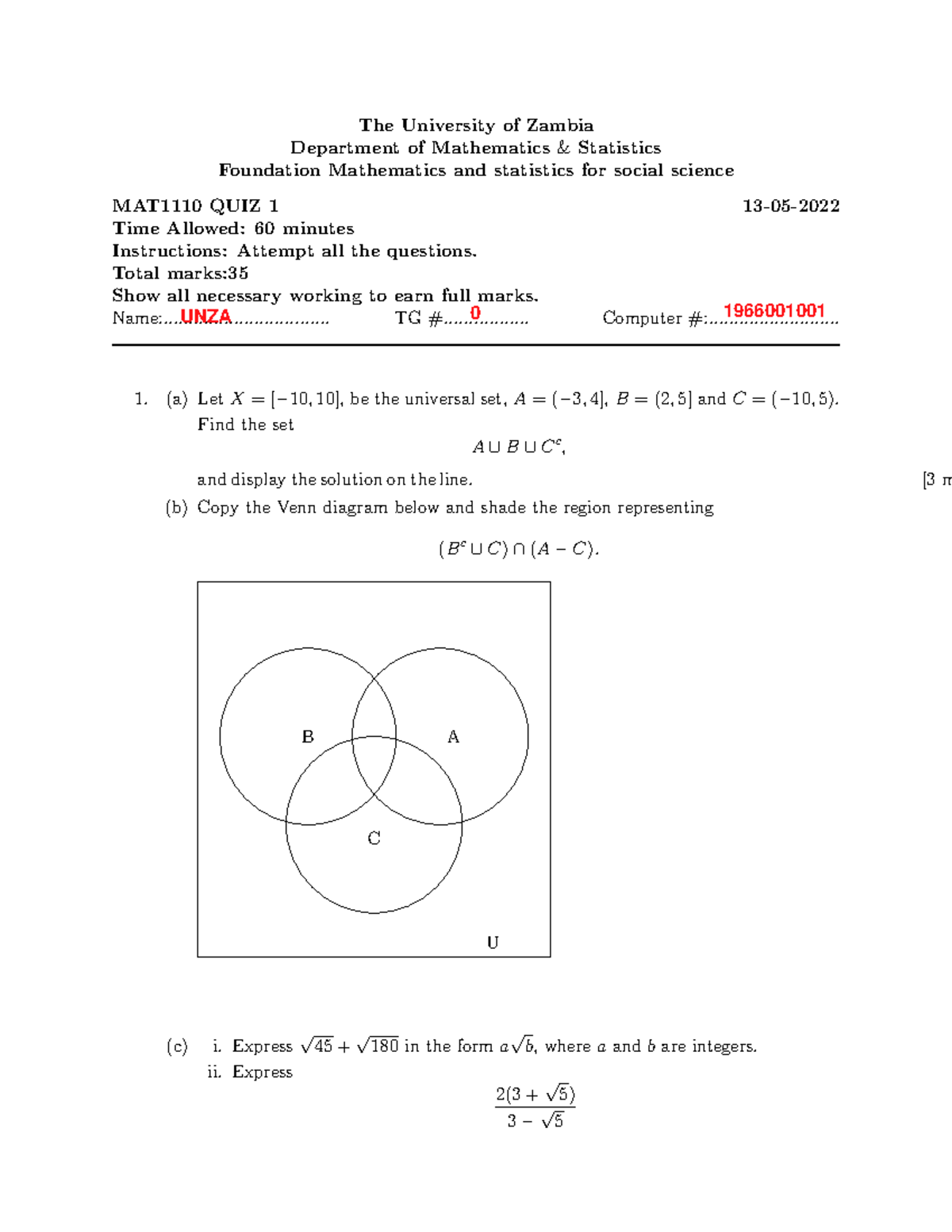 Merged Quiz 1 Deferred (1) - The University of Zambia Department of ...