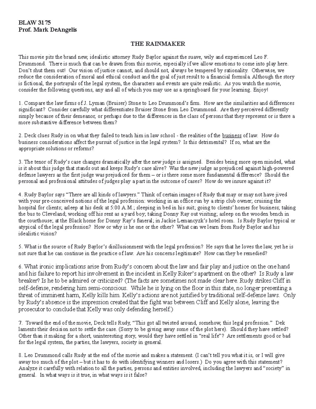 Analysis of 'The Rainmaker' Movie and Legal Profession - Studocu