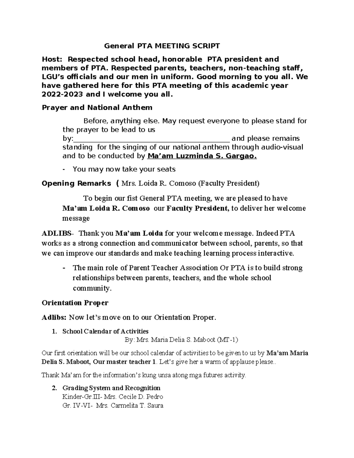 General PTA Meeting Script - General PTA MEETING SCRIPT Host: Respected school head, honorable ...