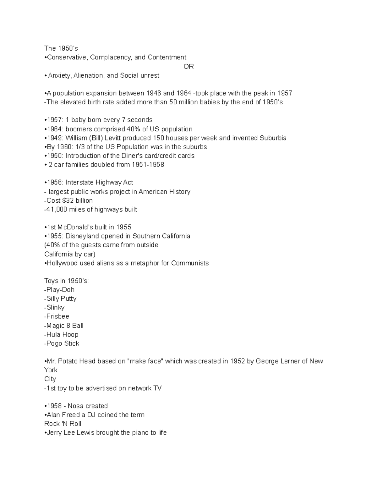 The 1950’s - These notes helped prep me for a quiz and a test. - The ...