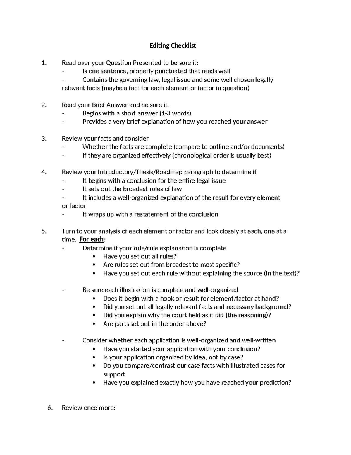 Editing Checklist - week 1 - Editing Checklist 1. Read over your ...