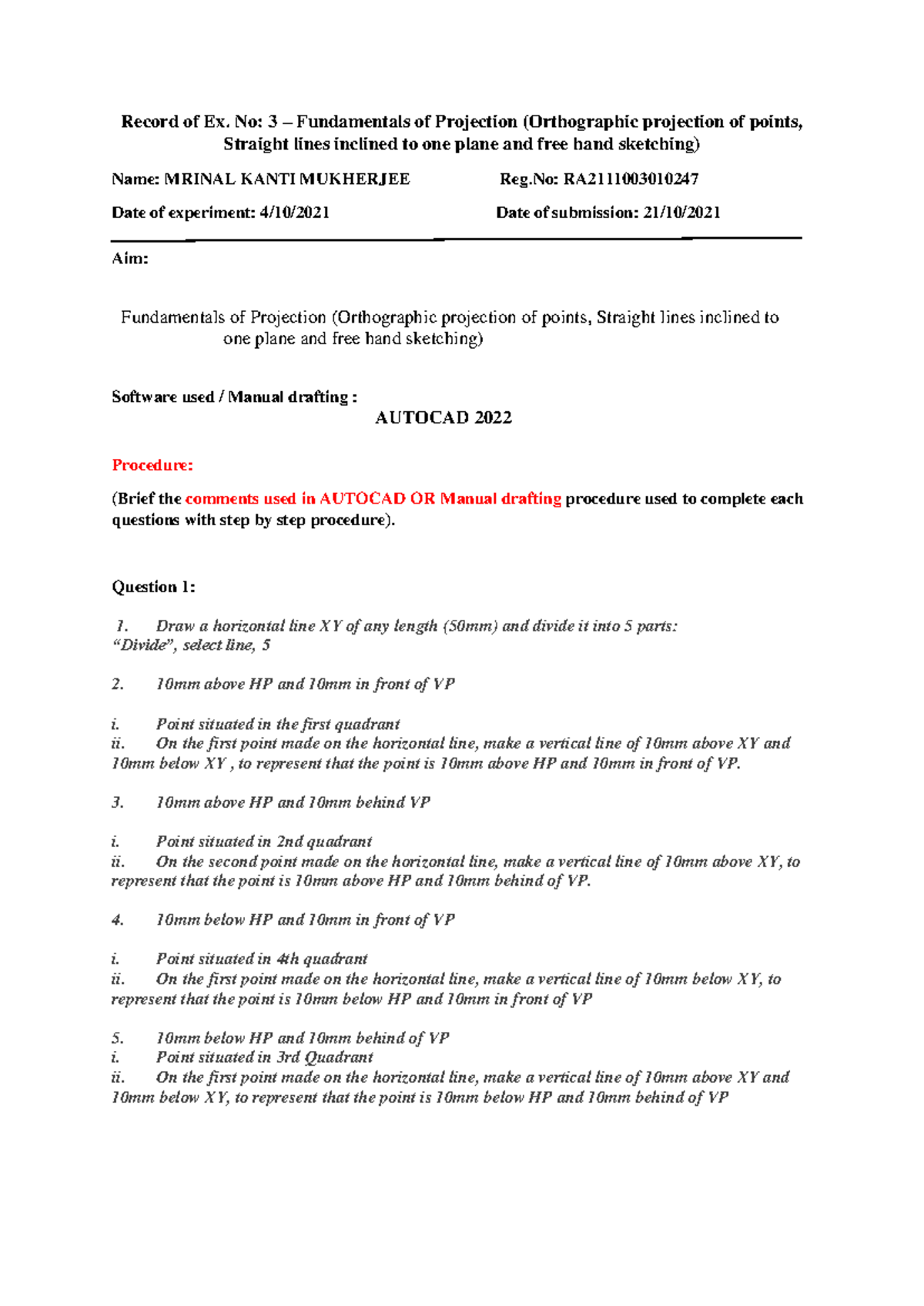 Ex. No 3 – Fundamentals of Projection (Orthographic projection of ...