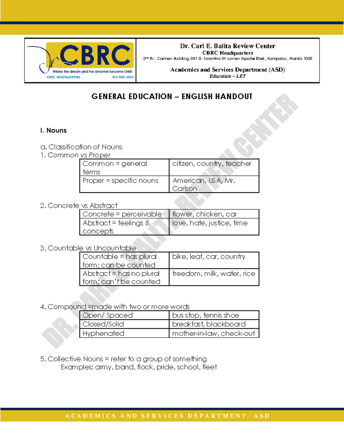 English Handout - GENERAL EDUCATION – ENGLISH HANDOUT I. Nouns a ...