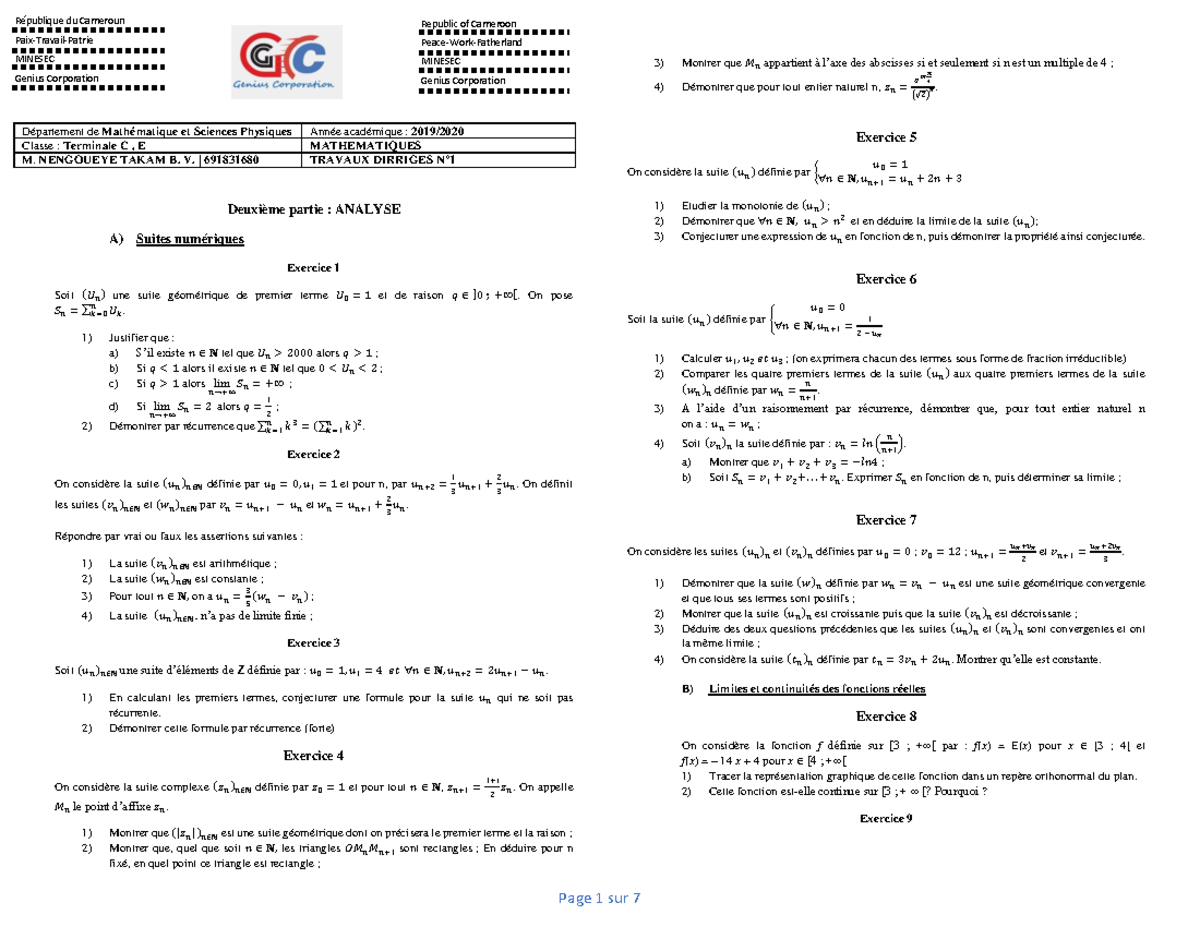 Analyse(1) Tles C,E - Travaux dirigés de mathématiques pour élèves de Tle C et E - Département ...