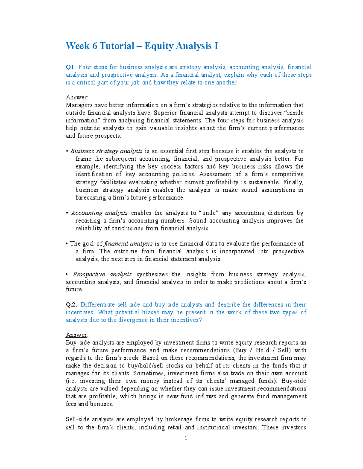 Tutorial Solutions - 1 Week 6 Tutorial – Equity Analysis I Q1: Four ...