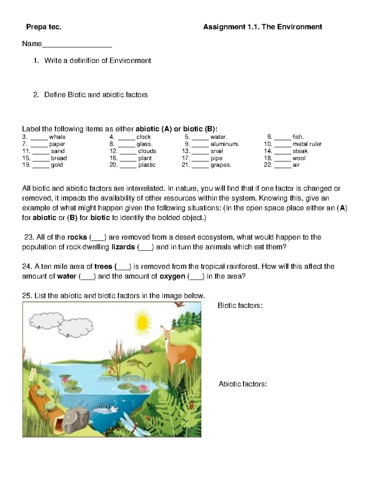 1.1 Biotic and Abiotic factors - Prepa tec. Assignment 1. The ...