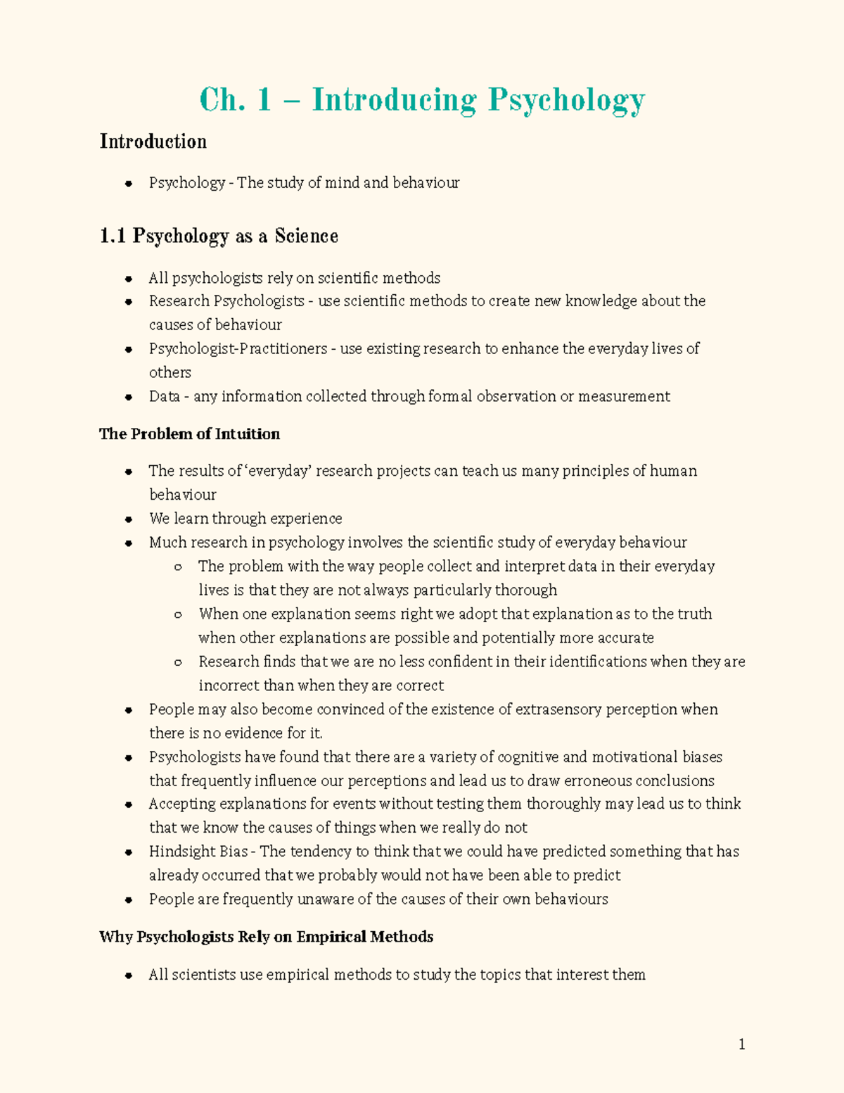 Psychology 121 Notes - Ch. 1 – Introducing Psychology Introduction ...