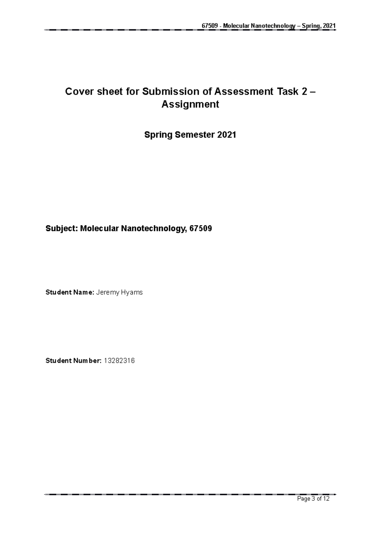 Molecular Nanotechnology (67509) Final assignment - Cover sheet for ...