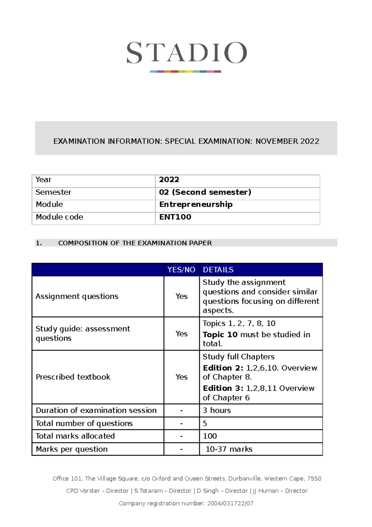 ENT100 November EXAM INFO 2022 02 - EXAMINATION INFORMATION: SPECIAL ...