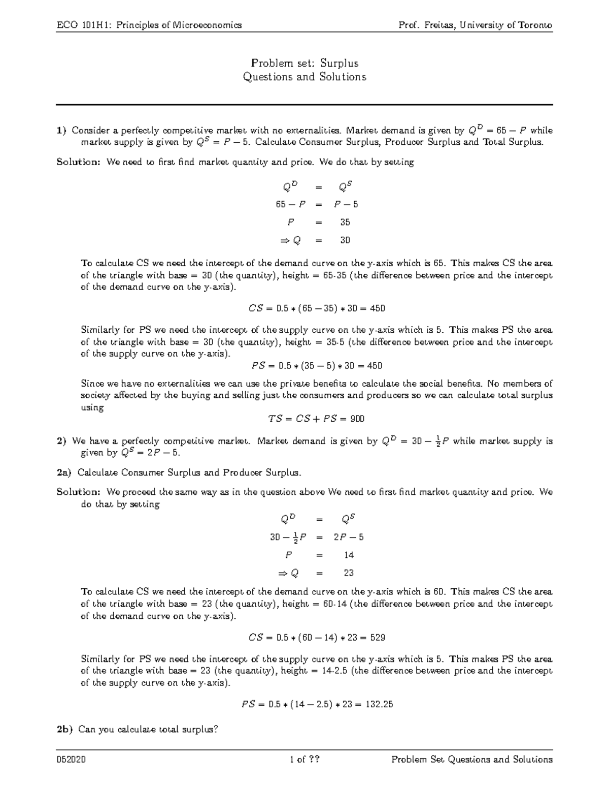 ECO101 Problem Set 5 Surplus - Problem set: Surplus Questions and Solutions 1) Consider a ...