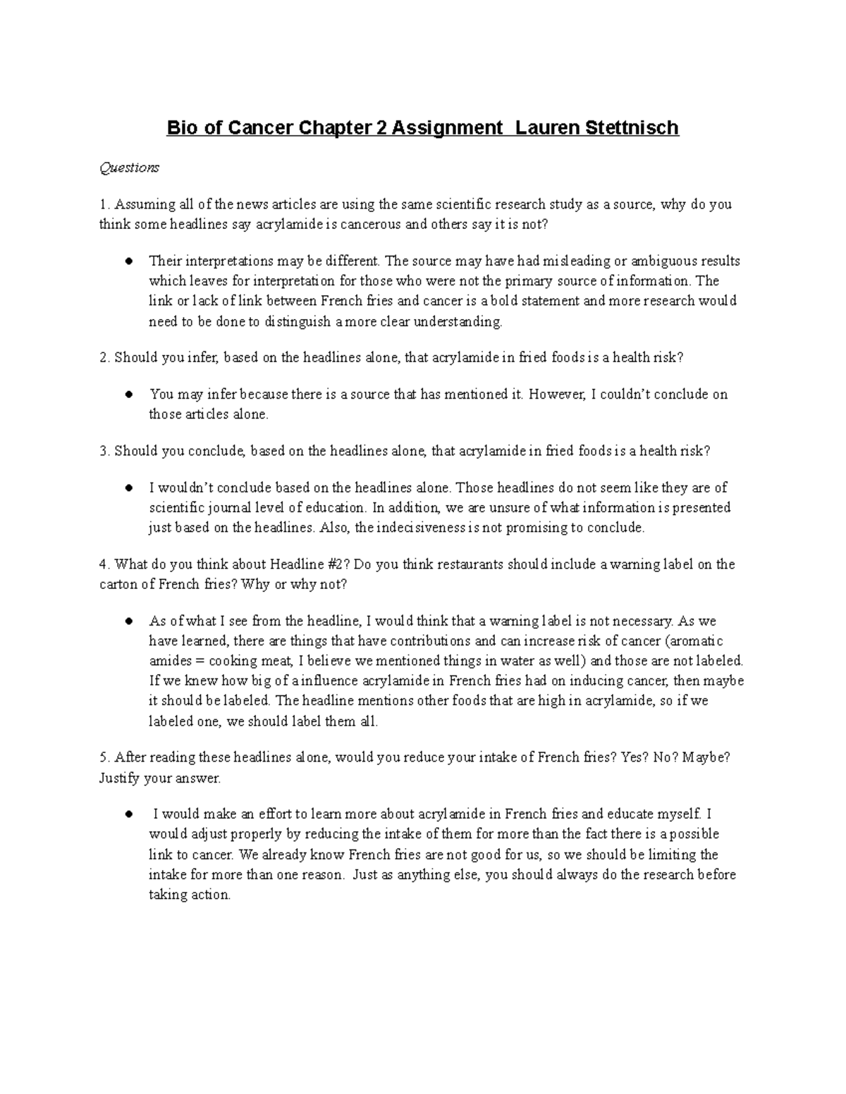 Bio of cancer assignment ch 2 - Bio of Cancer Chapter 2 Assignment ...