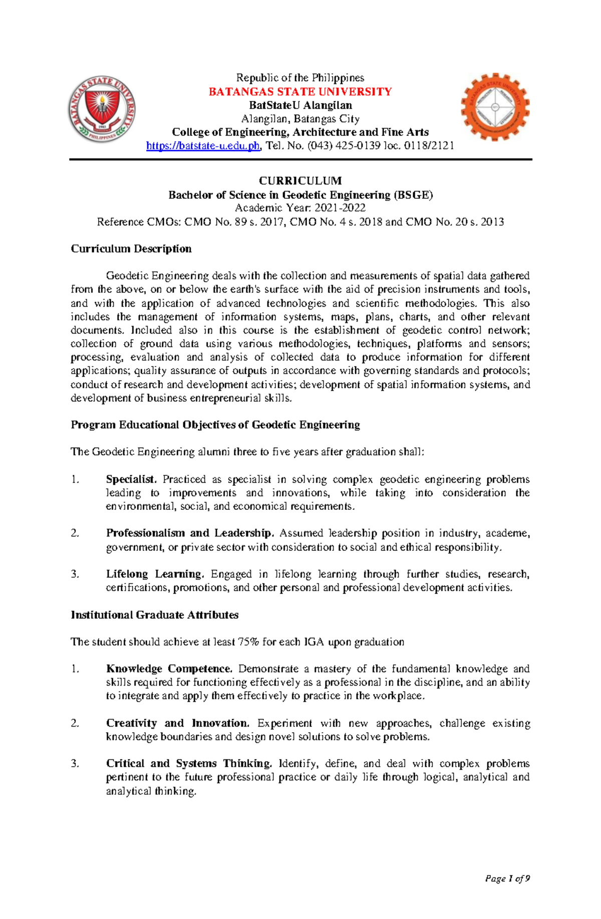 Bachelor of Science in Geodetic Engineering BSGE - Republic of the ...