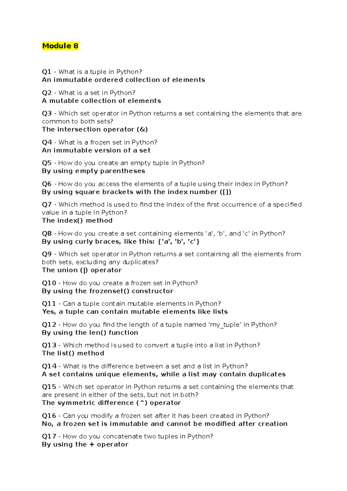 Python Quizes - Module 8 Q1 - What is a tuple in Python? An immutable ...