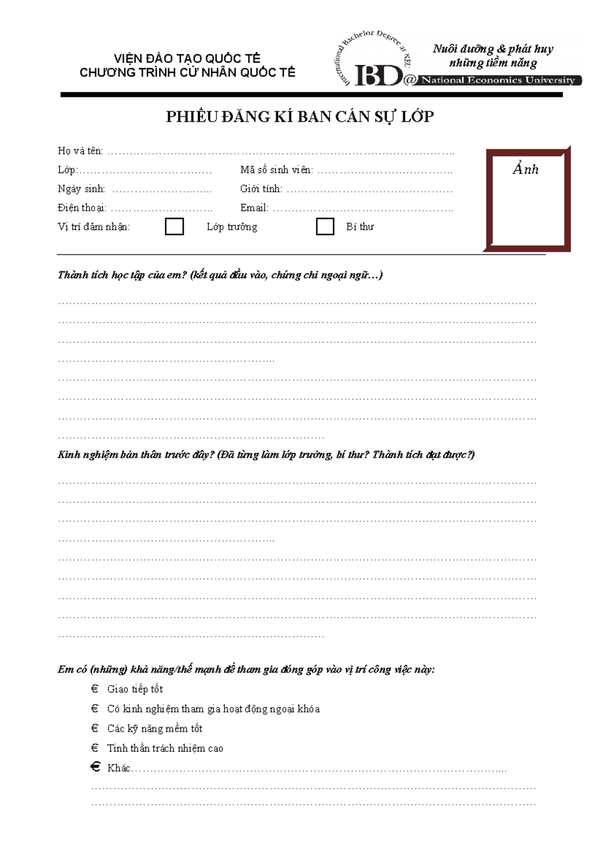 Application form Can su lop - PHIẾU ĐĂNG KÍ BAN CÁN SỰ LỚP Họ và tên ...